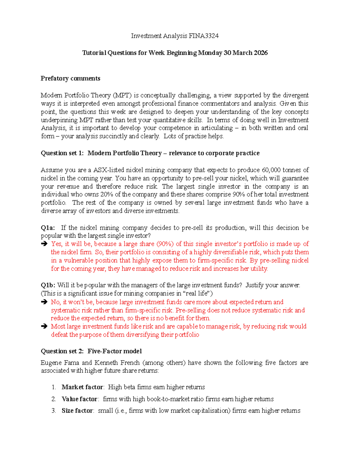 Investment Analysis FINA3324 Tutorial Questions for Week of 30 March ...