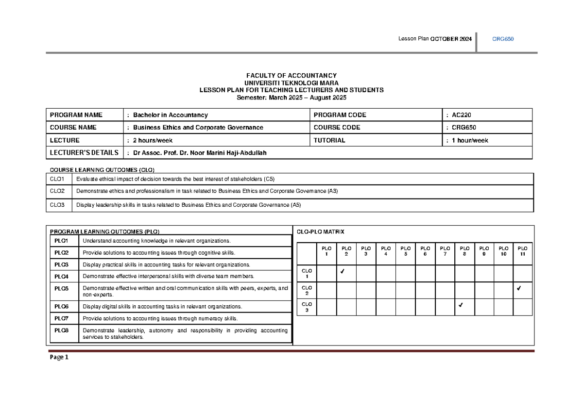 Lesson Plan for CRG650: Business Ethics & Corporate Governance (Oct ...