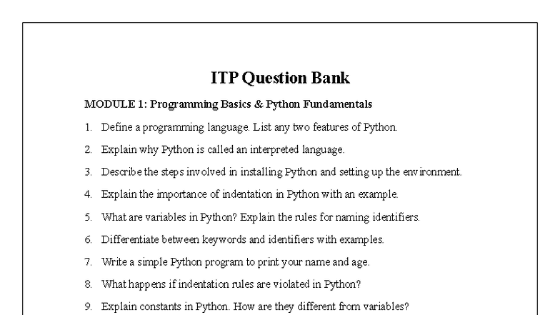 ITP Question Bank: Python Programming Fundamentals & Concepts - Studocu
