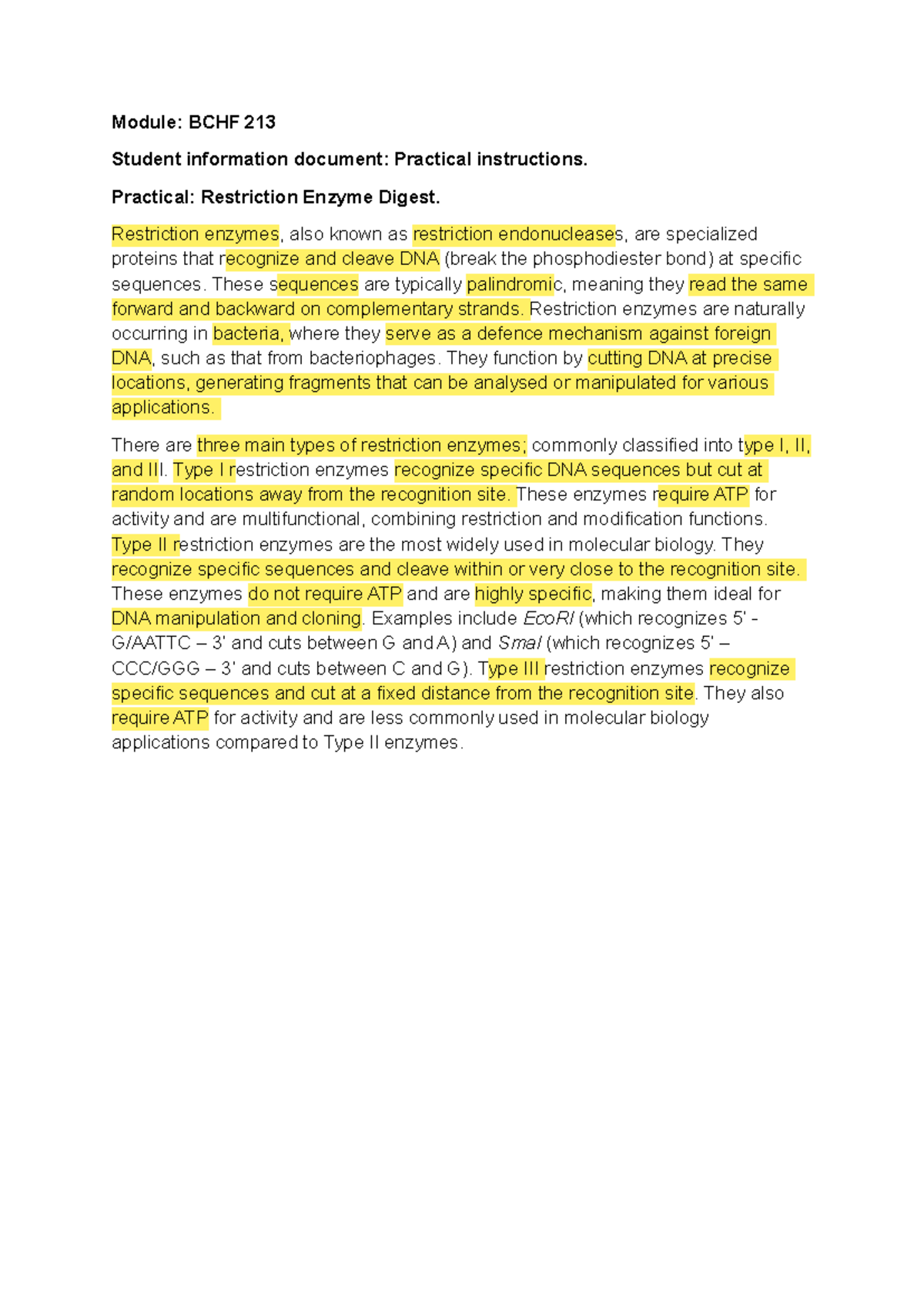 BCHF 213 - Practical Instructions for Restriction Enzyme Digest - Studocu