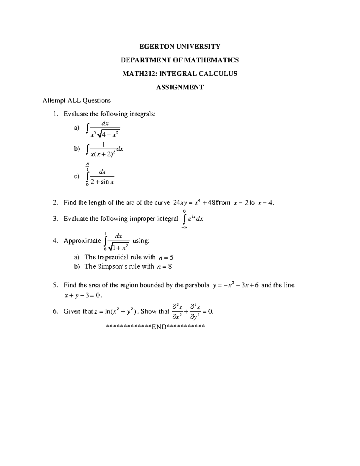 MATH 212: Integral Calculus Assignment - Complete Solutions - Studocu