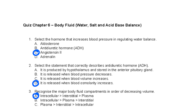 Quiz CH6: Body Fluid Regulation & Hormonal Balance - Studocu