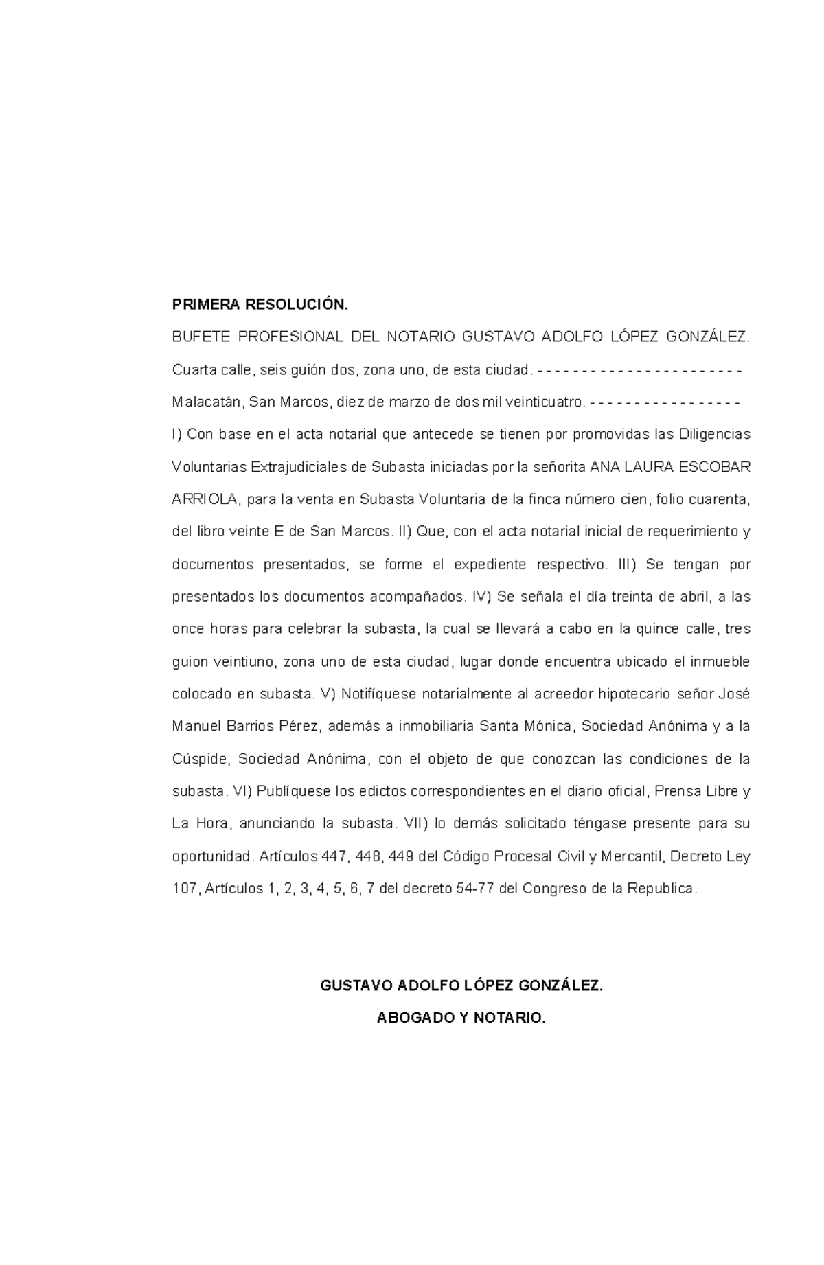 Acta Notarial de Subasta Voluntaria - Proceso Completo 2024 - Studocu