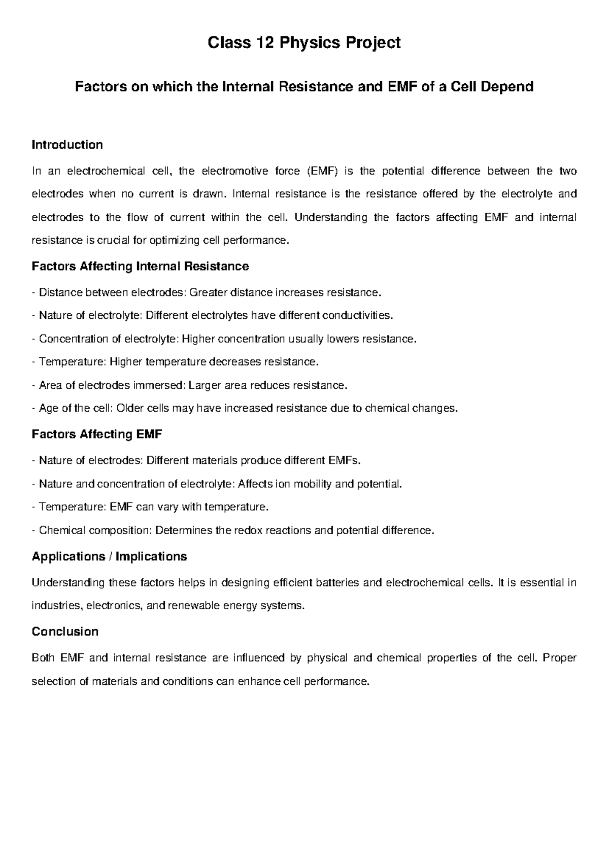 Class 12 Physics Project: Factors Affecting Internal Resistance & EMF ...