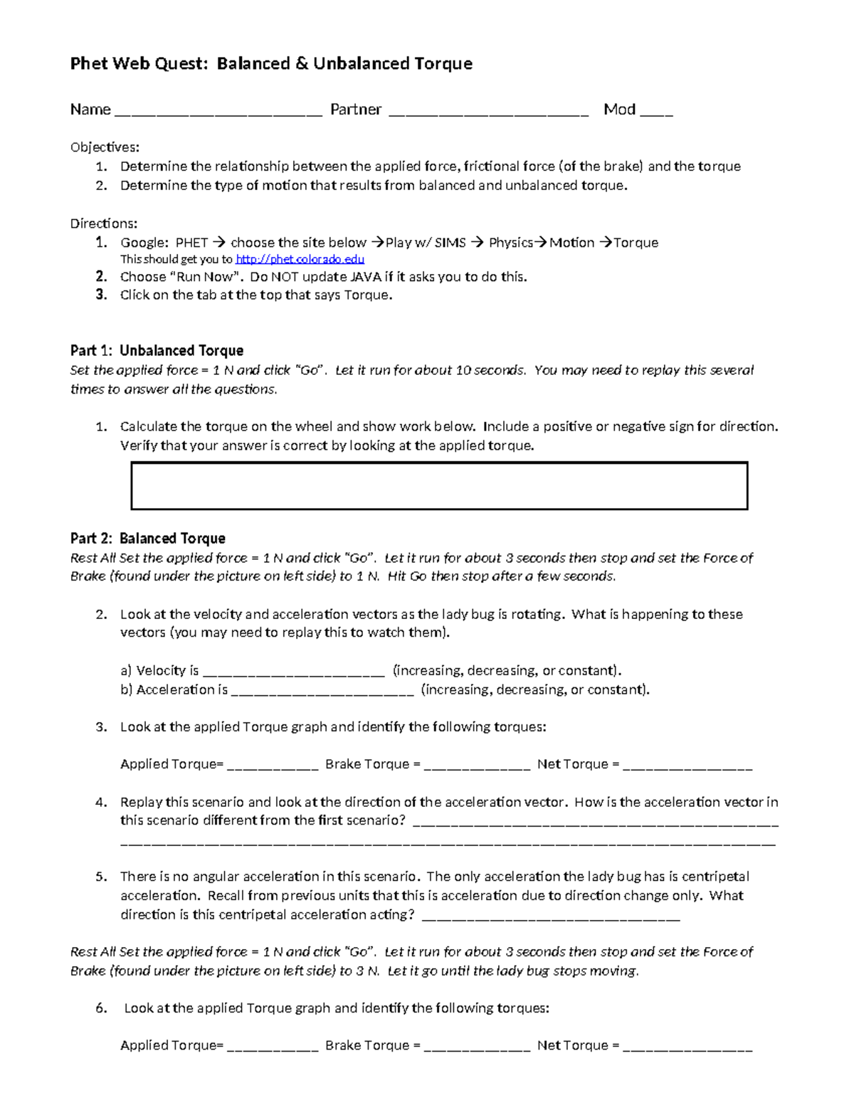Phet Web Quest: Exploring Balanced & Unbalanced Torque - Studocu