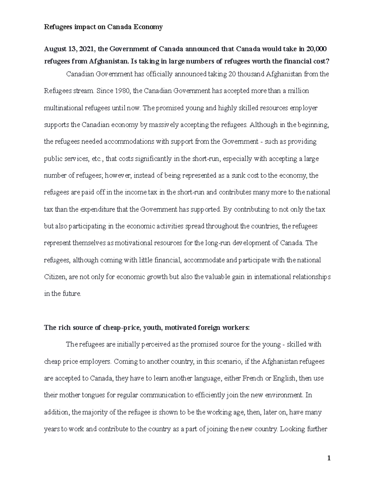 Econ109: The Economic Impact of Afghan Refugees on Canada - Studocu