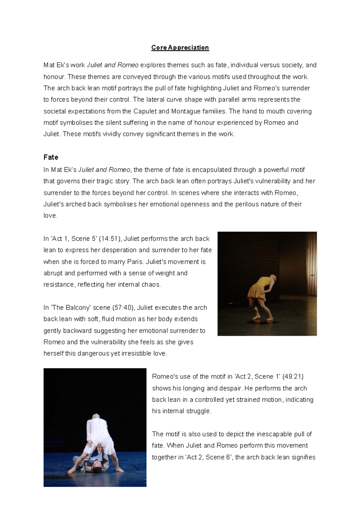 Core Appreciation: Exploring Motifs in Mat Ek's Juliet and Romeo - Studocu