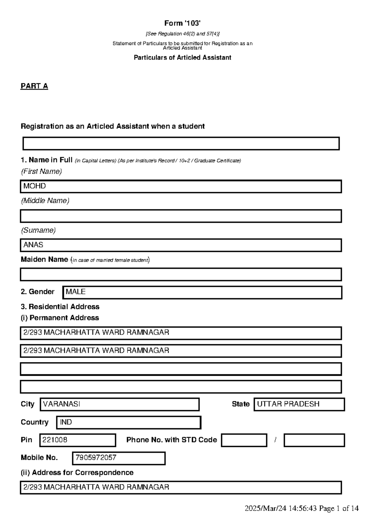 Form 103 Registration for Articled Assistant - New Scheme Details - Studocu