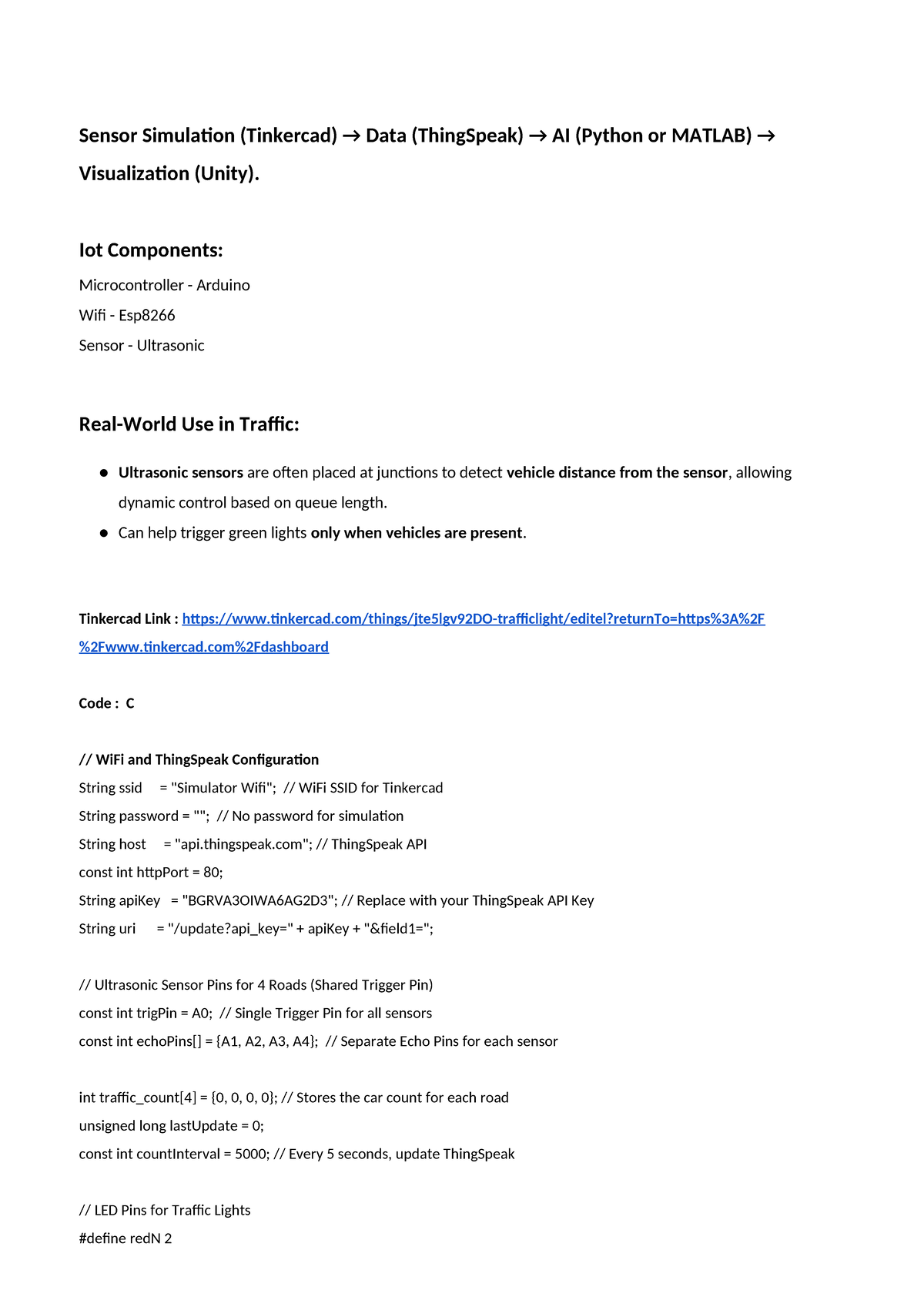 Sensor Simulation & AI Traffic Control (Tinkercad, ThingSpeak, Unity ...