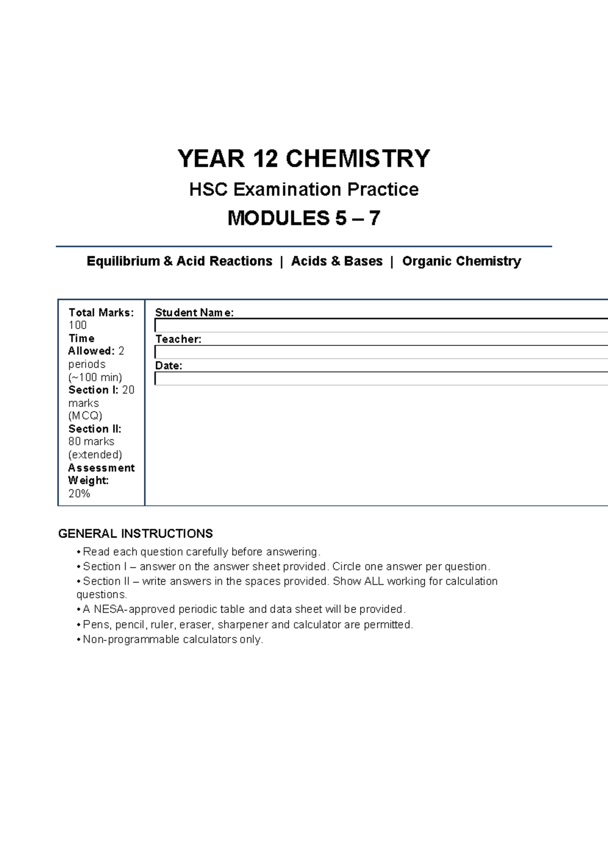 HSC Chemistry Year 12 Exam Practice: Modules 5, 6 & 7 Solutions - Studocu
