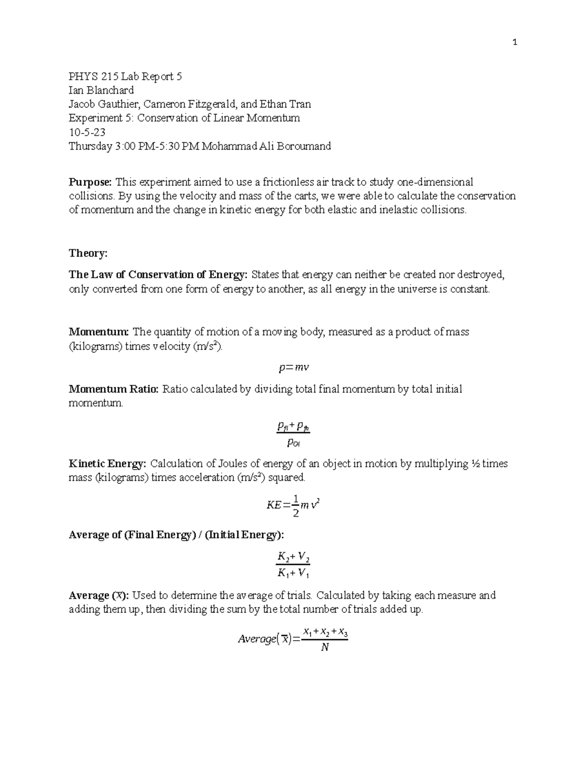 PHYS 215 Lab Report 5 DONE - 1 PHYS 215 Lab Report 5 Ian Blanchard ...