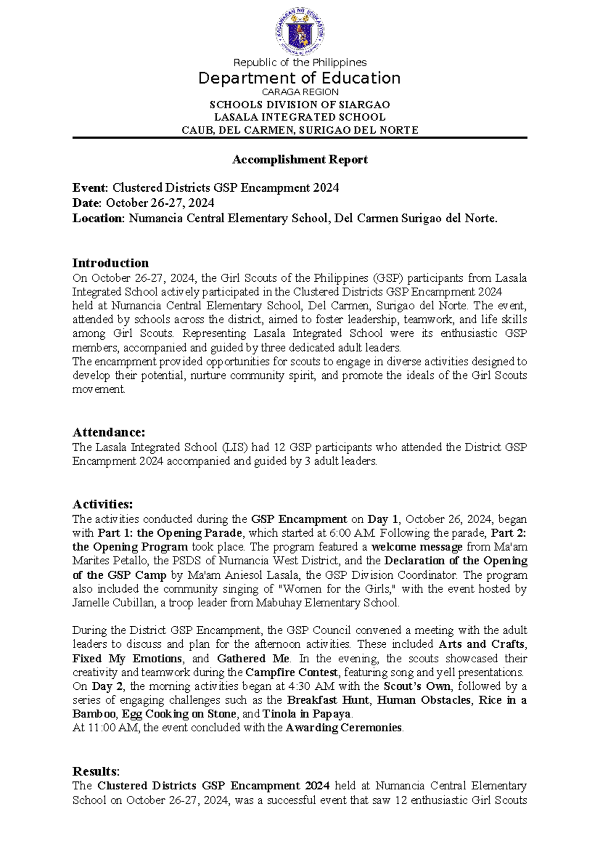 Accomplishment Report: District GSP Encampment 2024 - Lasala Integrated ...