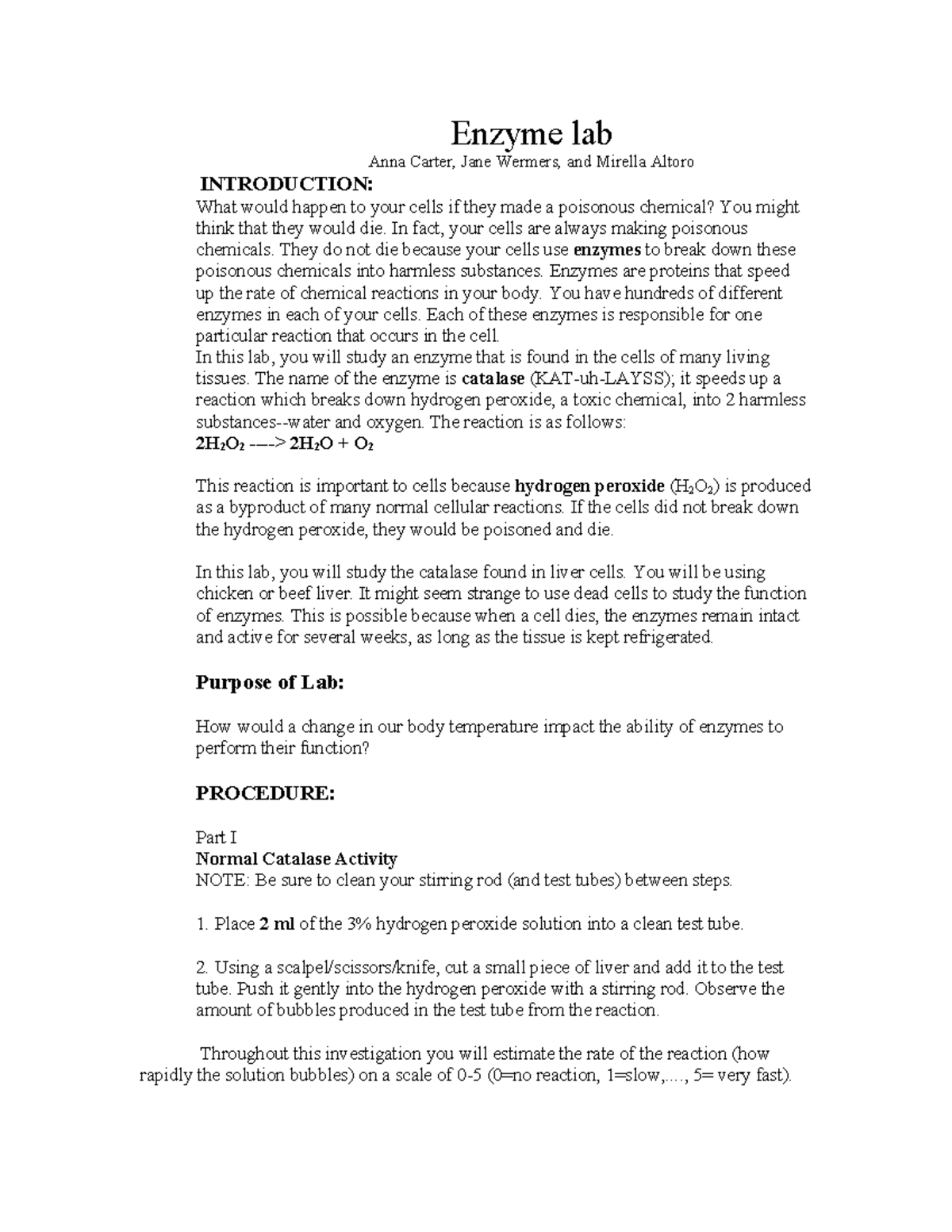 Liver enzyme activity - Enzyme lab Anna Carter, Jane Wermers, and ...