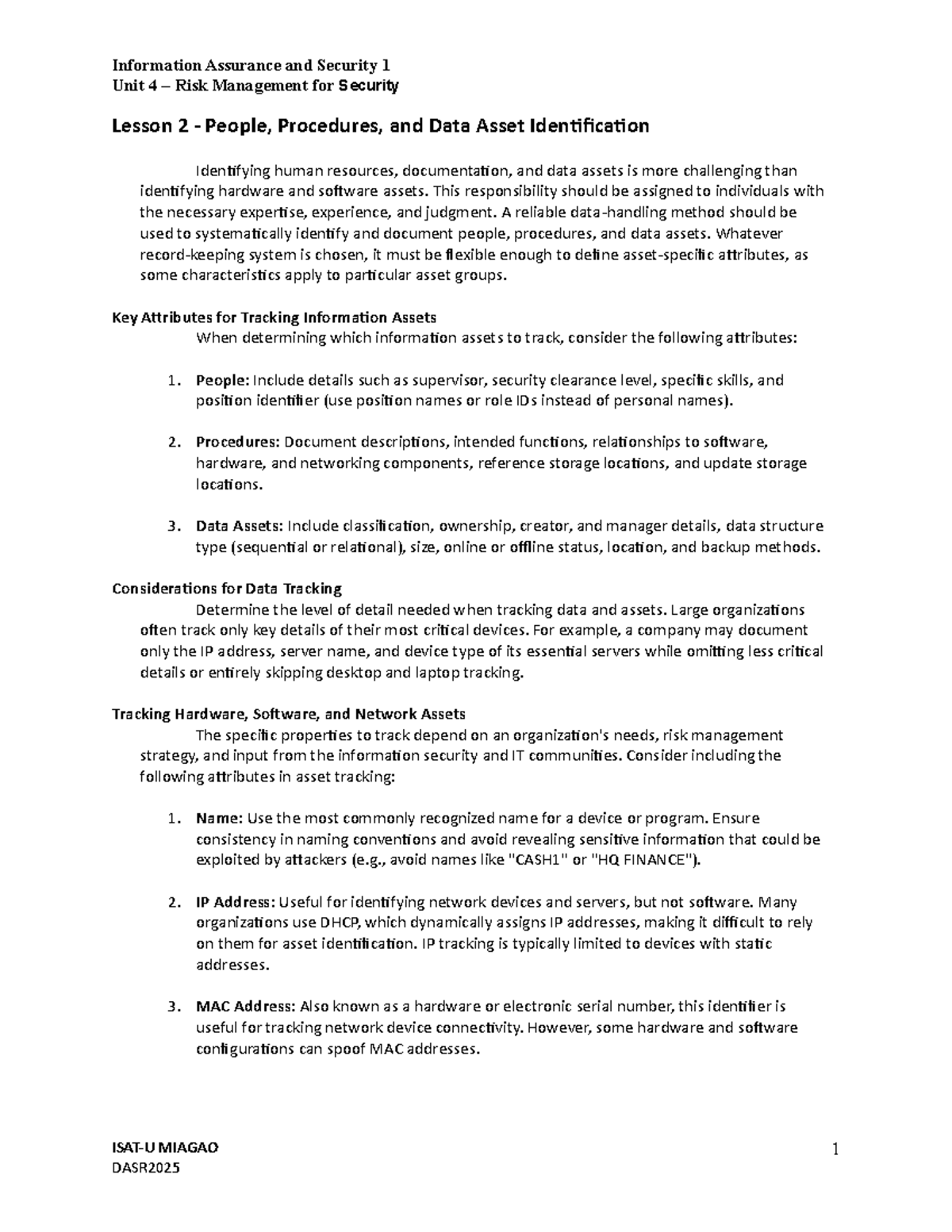 MIAGAO DASR2025 Unit 4 Lesson 2 - Risk Management for Security - Studocu