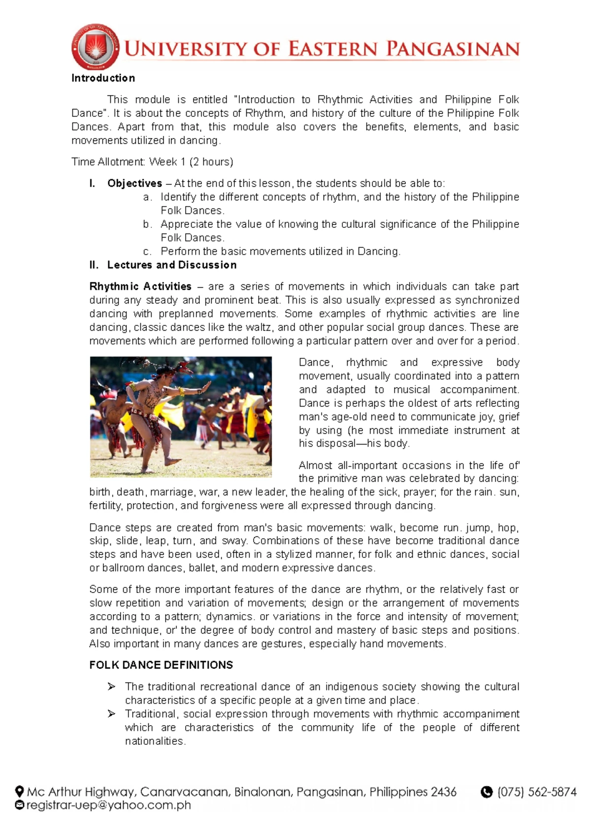 PE2 Week 2 and 3 Module 2 - Folk dances, exercises - Introduction This ...