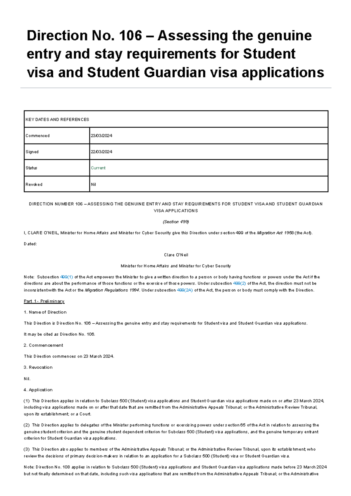 Direction No. 106: Genuine Entry & Stay for Student Visas - Studocu