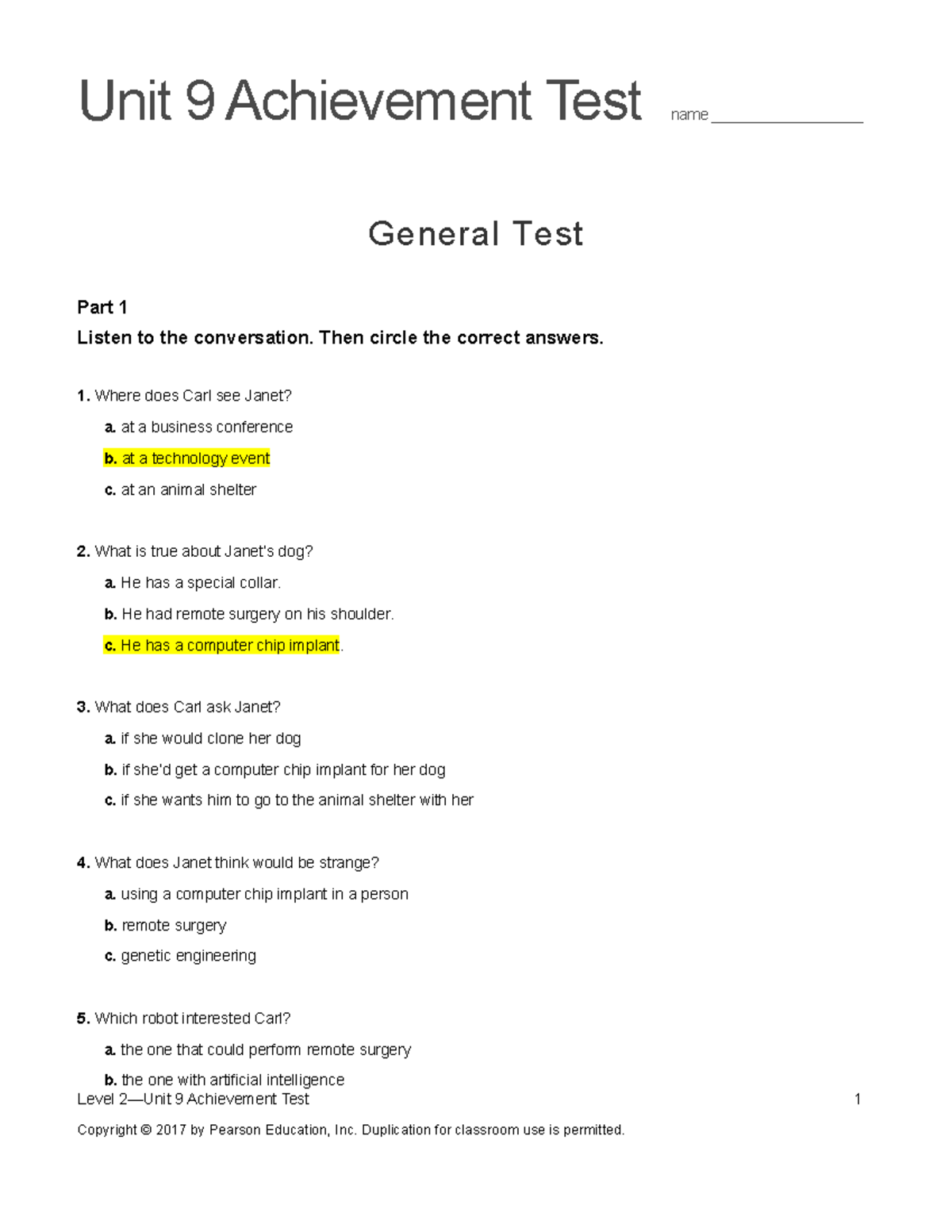 Unit 9 - s6ygh - Unit 9 Achievement Test name ...