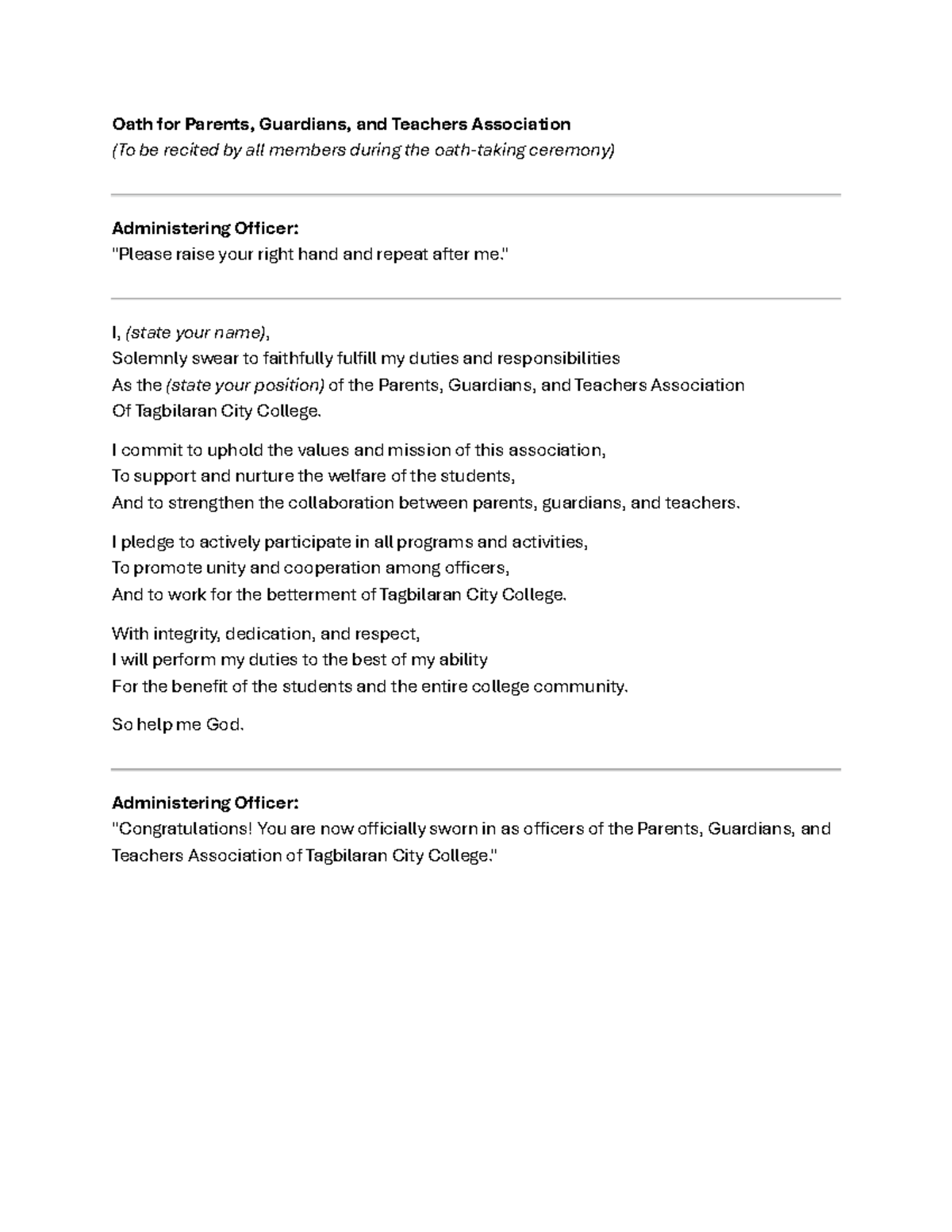 Oath for Officers of Parents, Guardians, & Teachers Association - Studocu