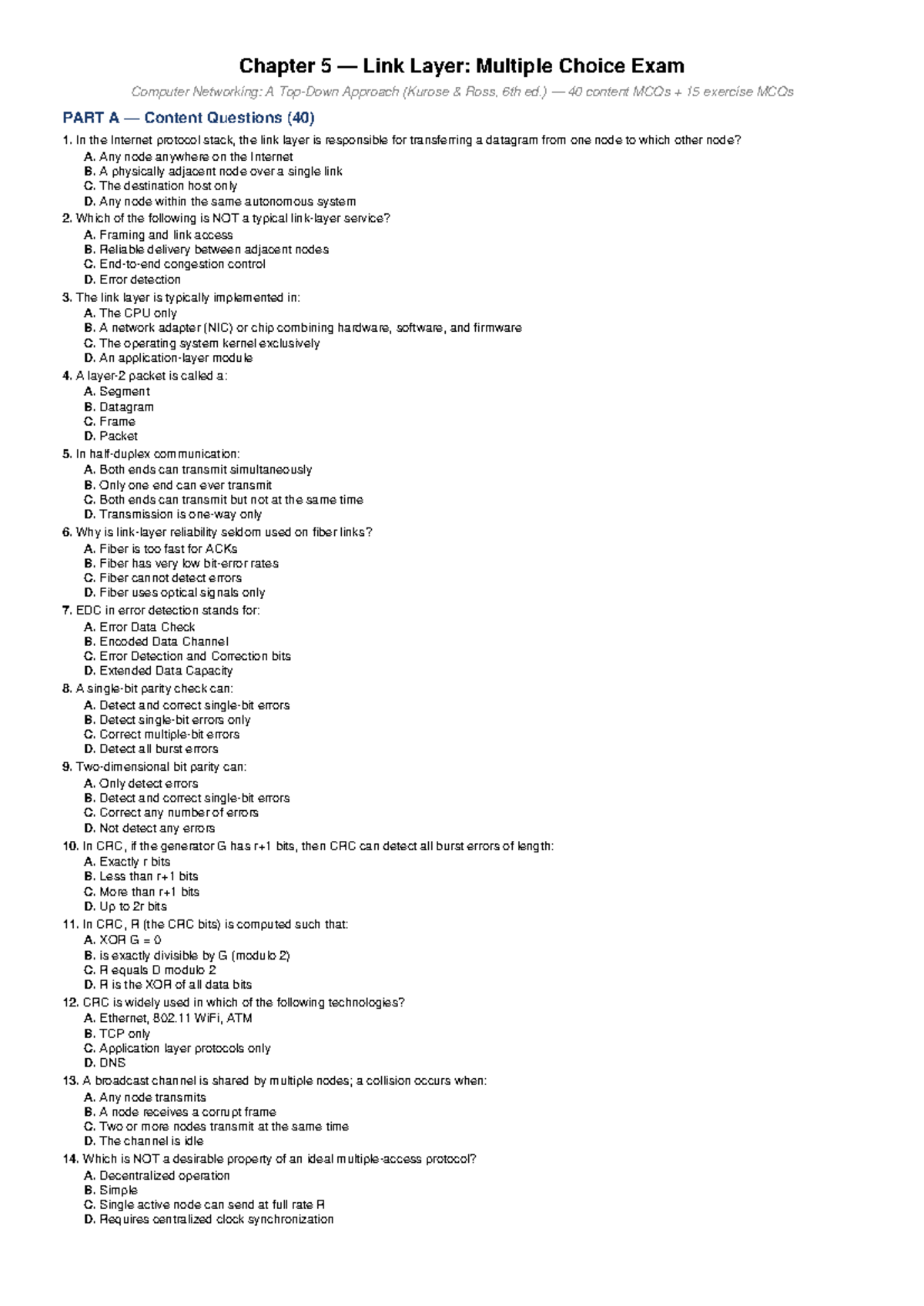 Chapter 5 Link Layer MCQ Exam (Computer Networking: A Approach) - Studocu