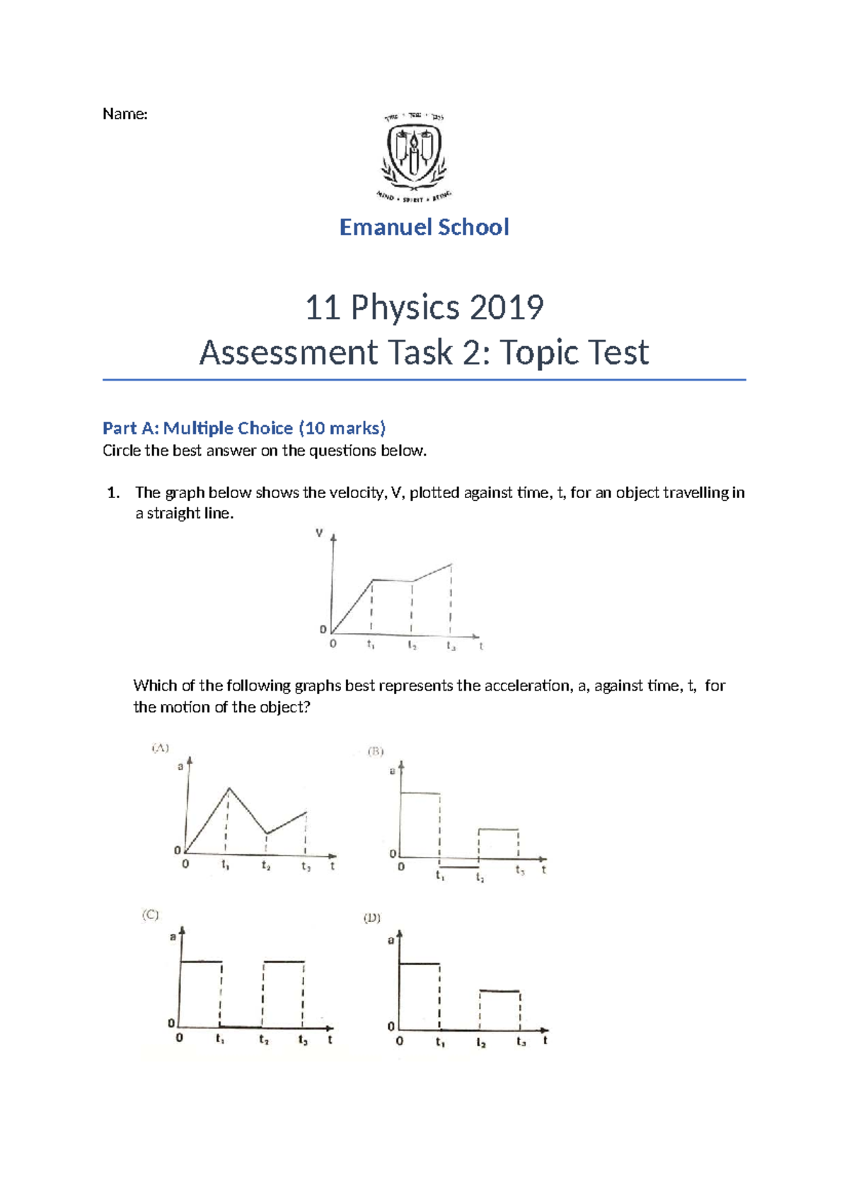 Emanuel School 11 Physics 2019 Assessment Task 2: Topic Test (Part A ...