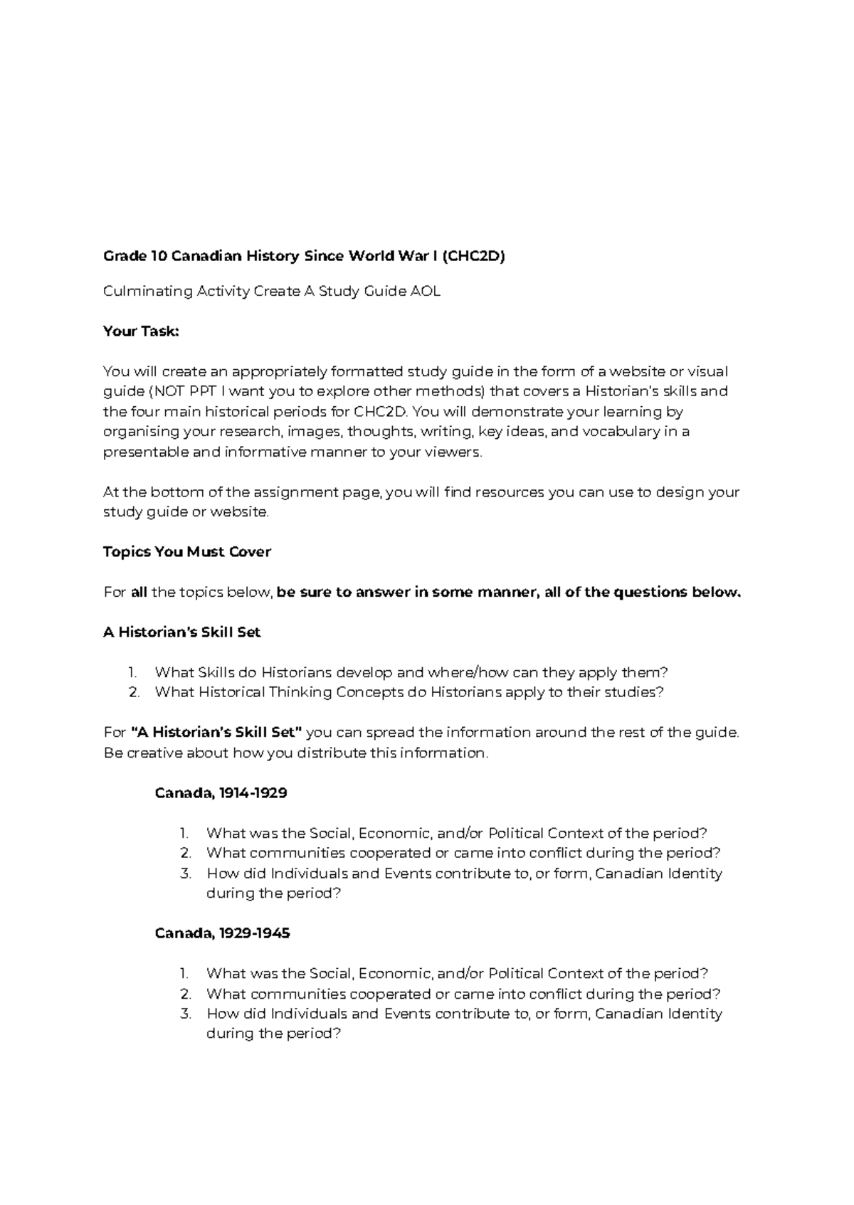 Grade 10 Canadian History (CHC2D) Study Guide: Post-WWI Overview - Studocu