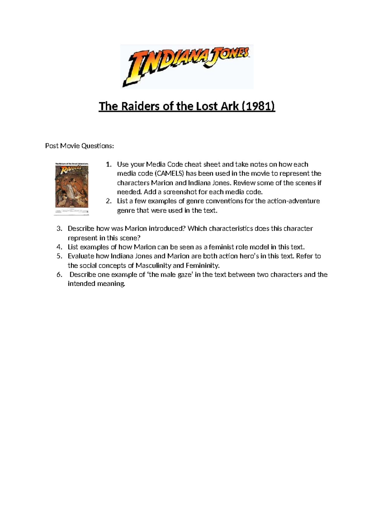 RAIDERS OF THE LOST ARK (1981) Post-Movie Questions & Analysis - Studocu