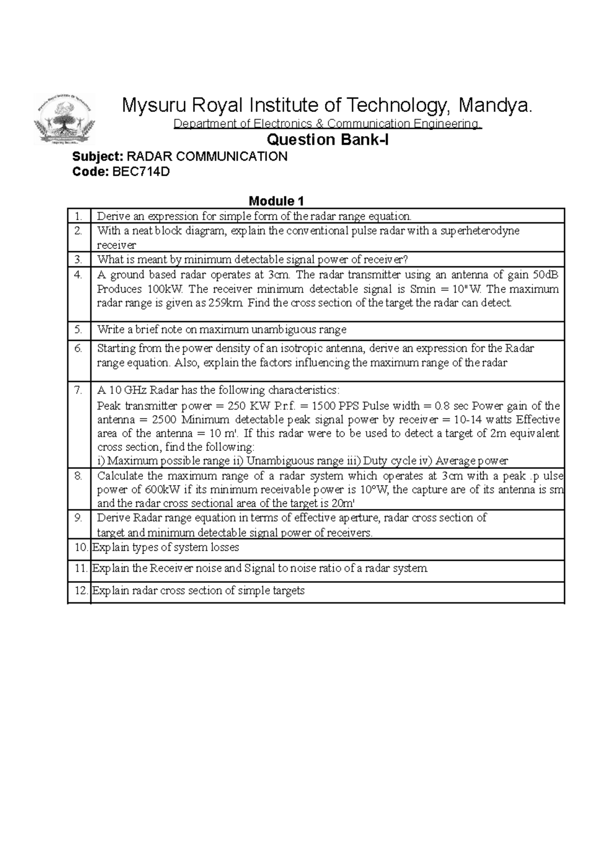 Radar Systems and Range Equations - BEC714D Module 1 Questions - Studocu