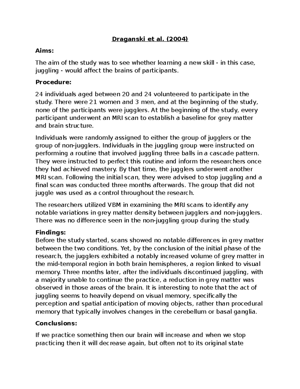 Draganski et al. (2004) Juggling Study: Brain's Grey Matter Changes ...