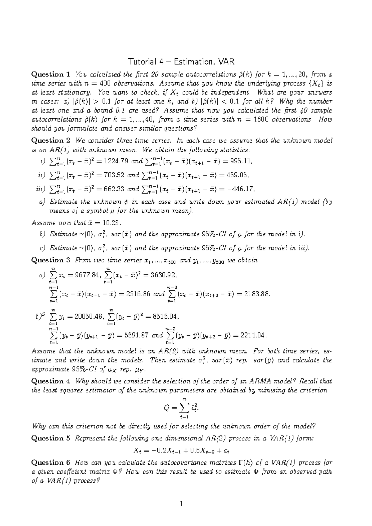 General Insurance Maths II Time Series Tutorial 4 - Tutorial 4 ...