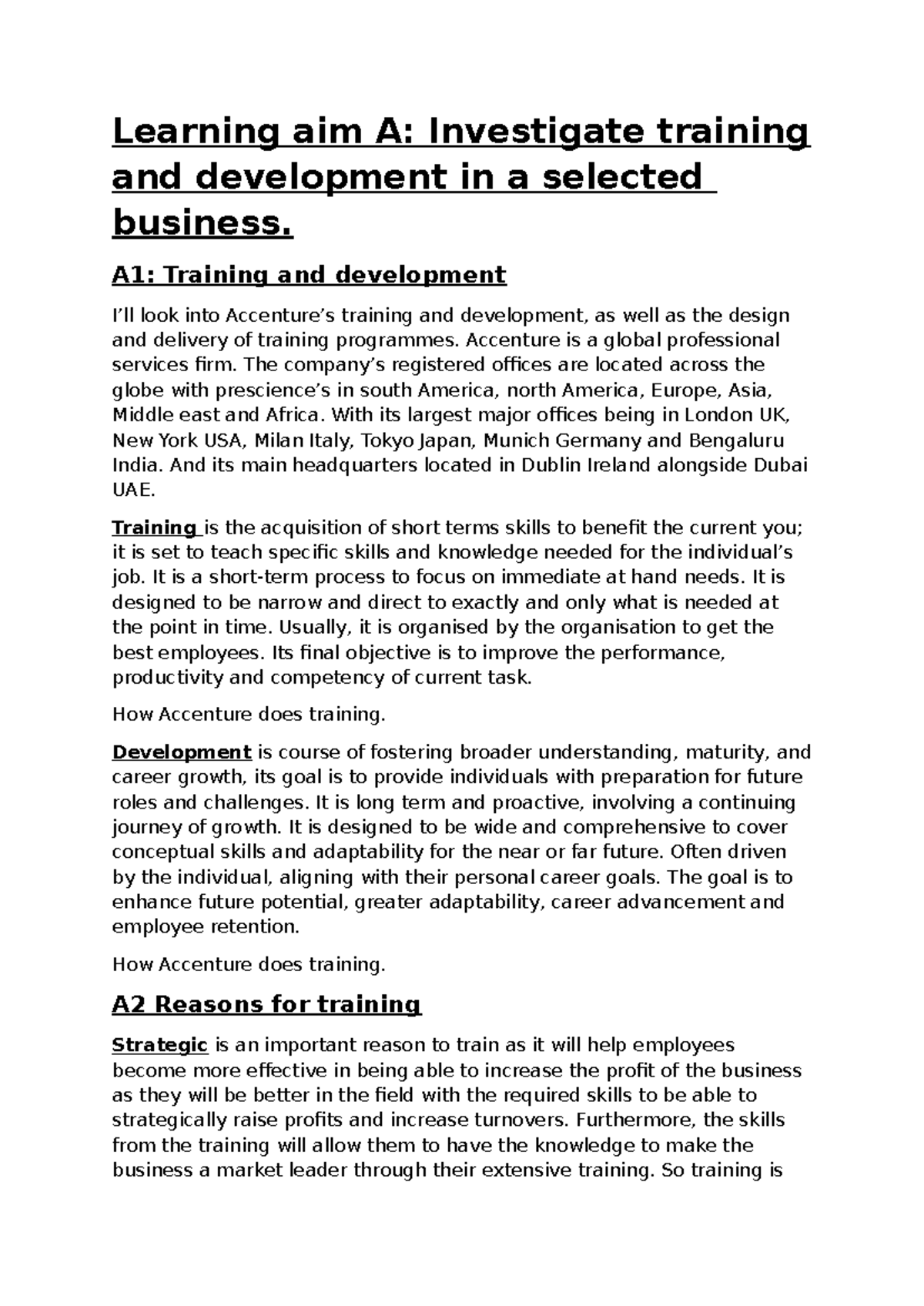 BTEC Business UNIT 21: Training & Development in Accenture - Studocu