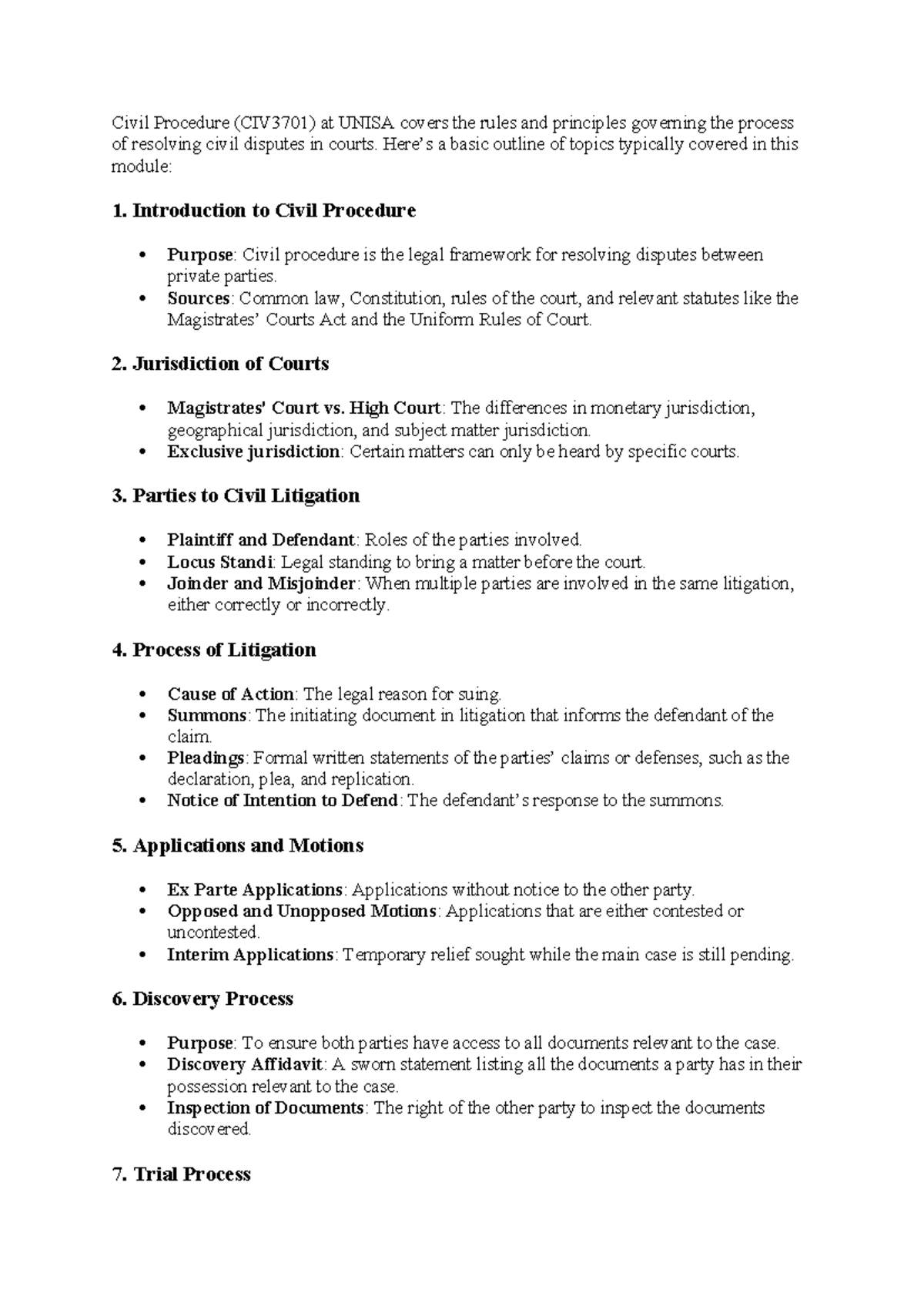 Civil Procedure 3701: Key Principles and Topics Overview - Studocu