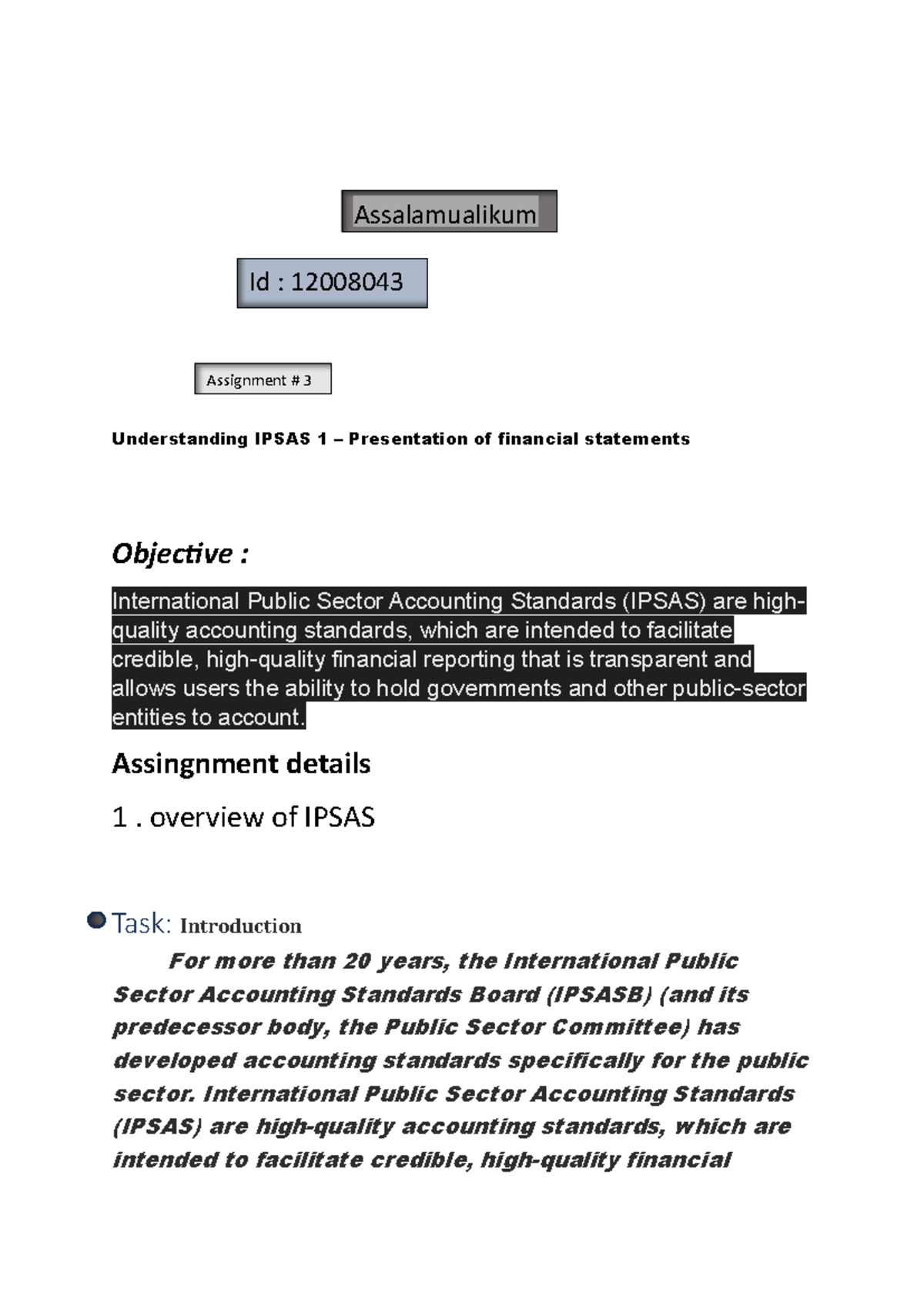 IPSAS 1 Presentation of Financial Statements - Assignment 3 (ID ...
