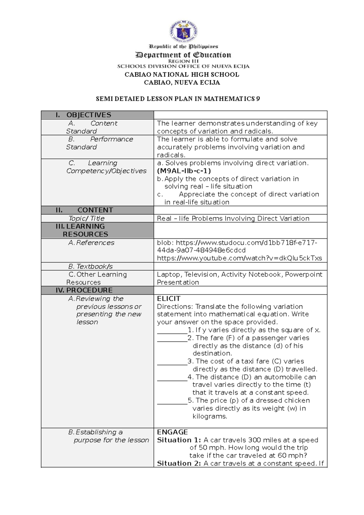 DLP in Direct Variation for Math 9 - CABIAO NATIONAL HIGH SCHOOL - Studocu