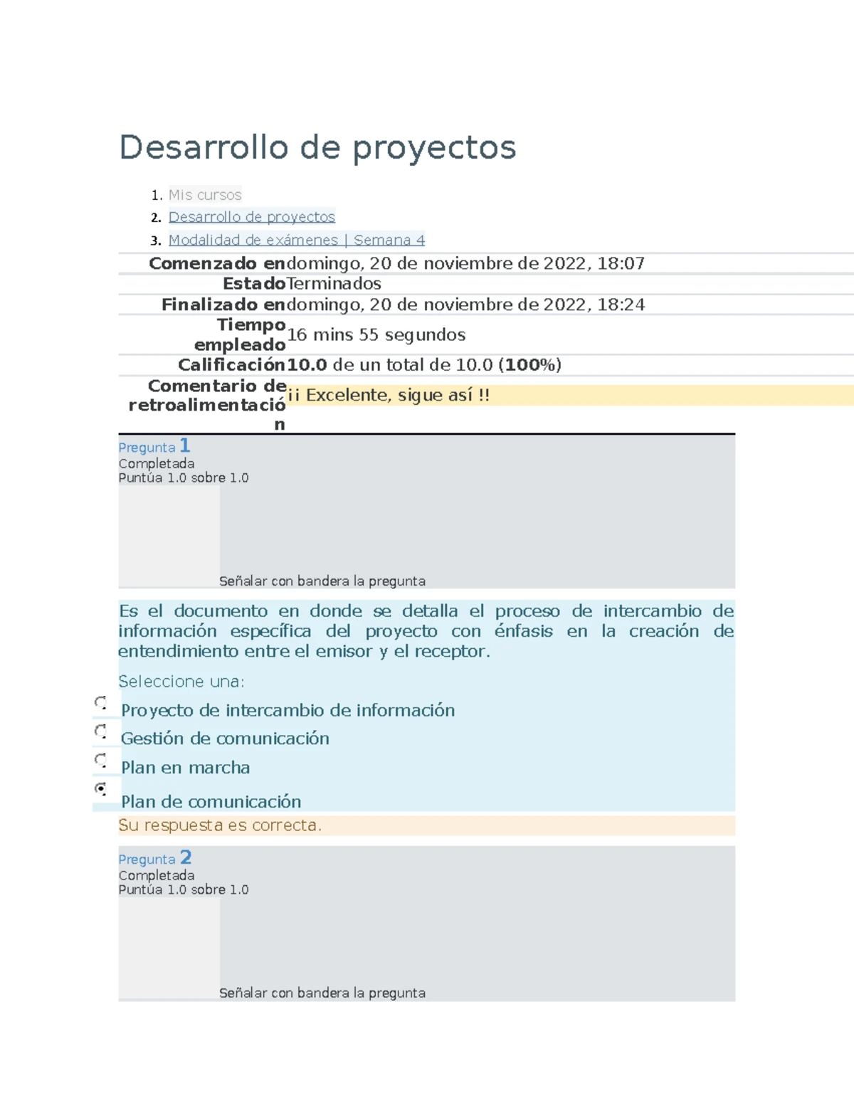 Examen Semana 1y2 Desarrollo de proyectos - Calificación 9 de un total ...
