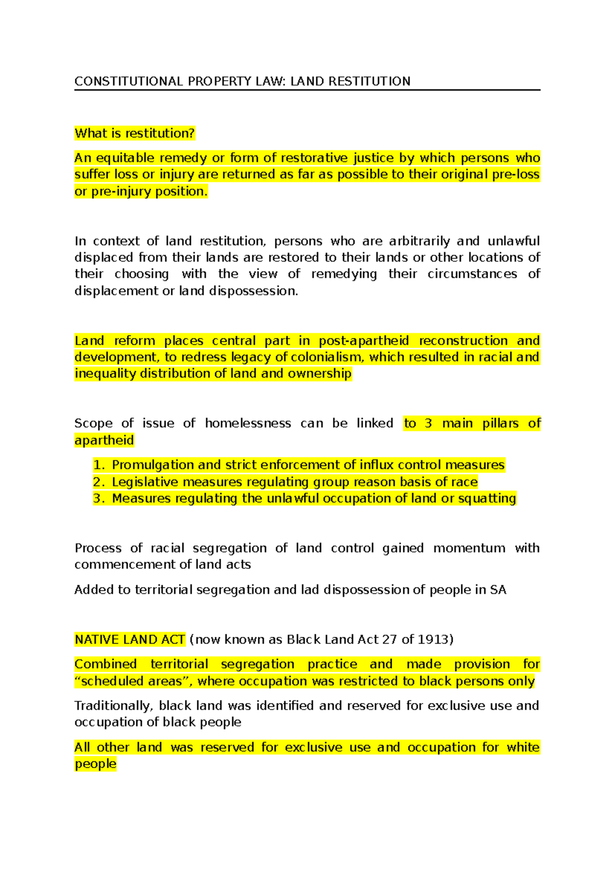 Constitutional Property Law: Land Restitution Insights and Notes - Studocu