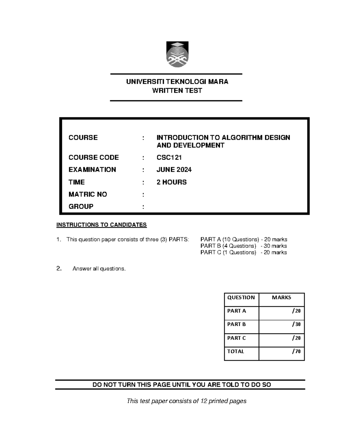 Written Test: Introduction to Algorithm Design & Development (CSC121 ...