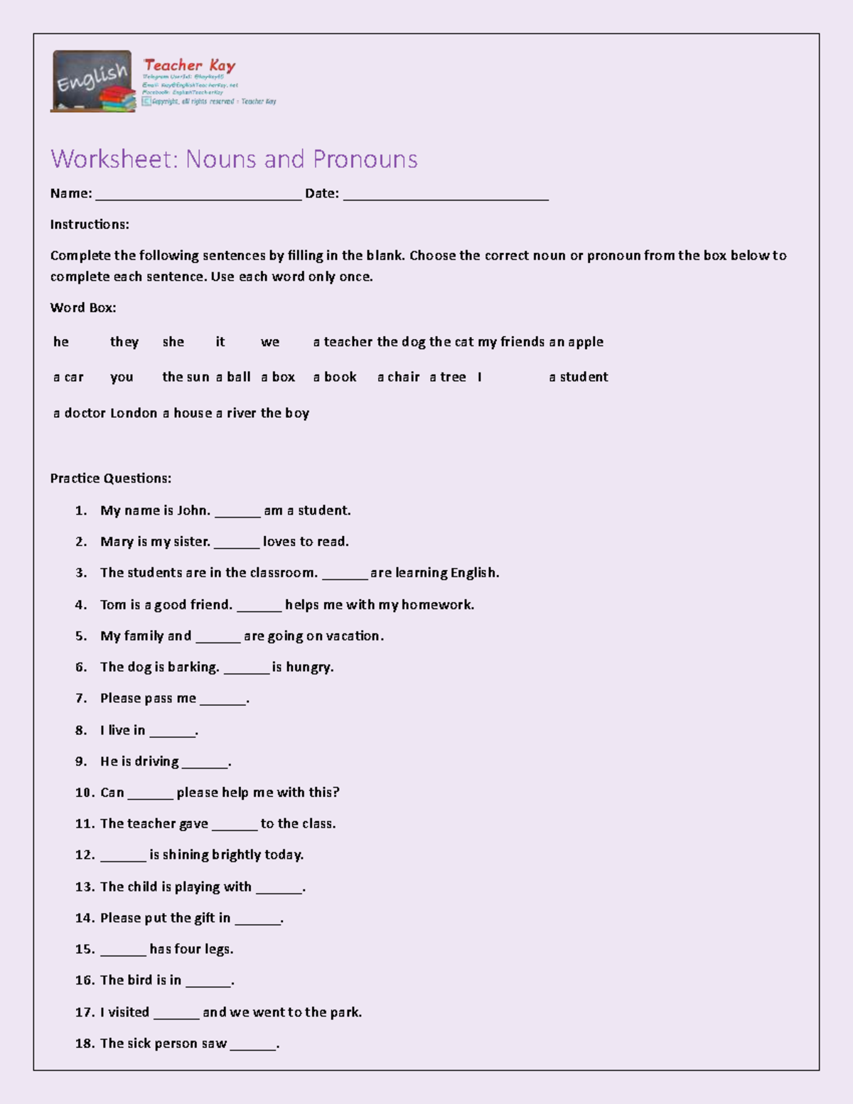 Nouns and Pronouns Worksheet: Practice Questions and Answers - Studocu