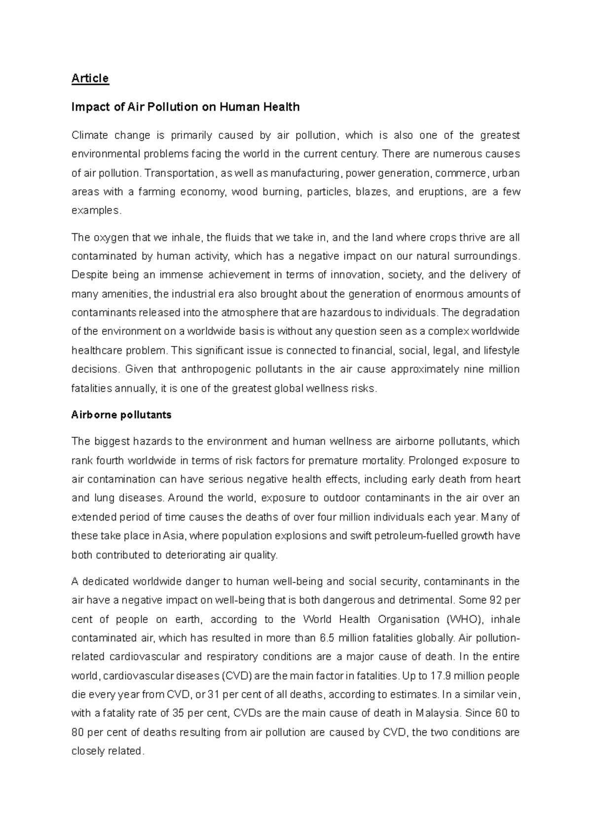 Impact of Air Pollution on Human Health: A Global Concern - Studocu
