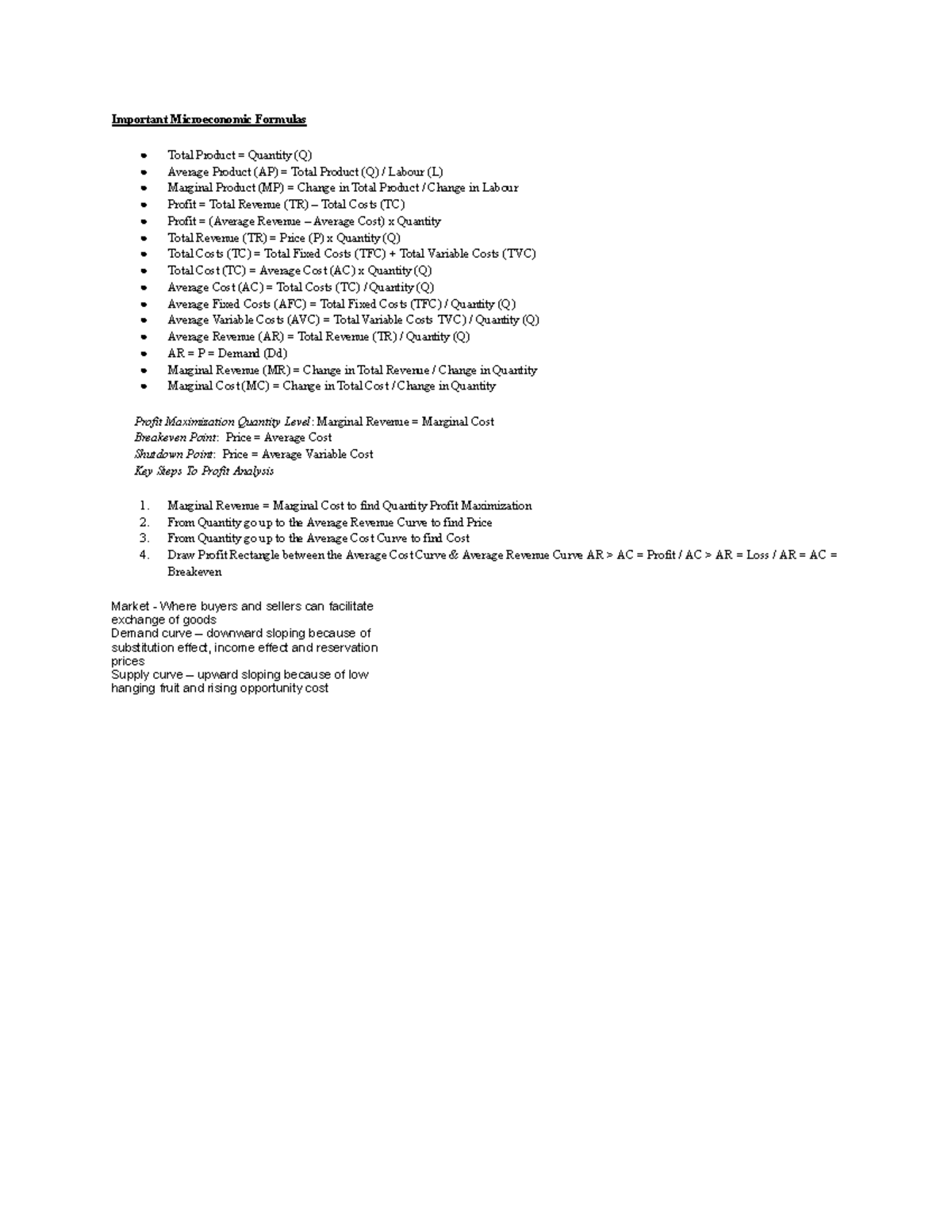 ECON 101 Final Exam Cheat Sheet: Key Microeconomic Formulas - Studocu