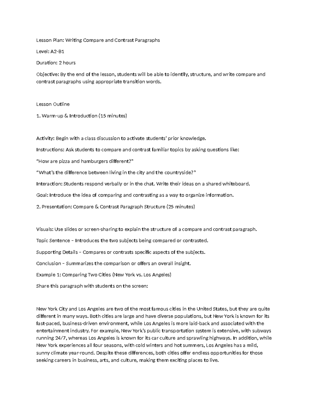 Compare and Contrast Paragraphs - Lesson Plan (2 hrs) - Studocu