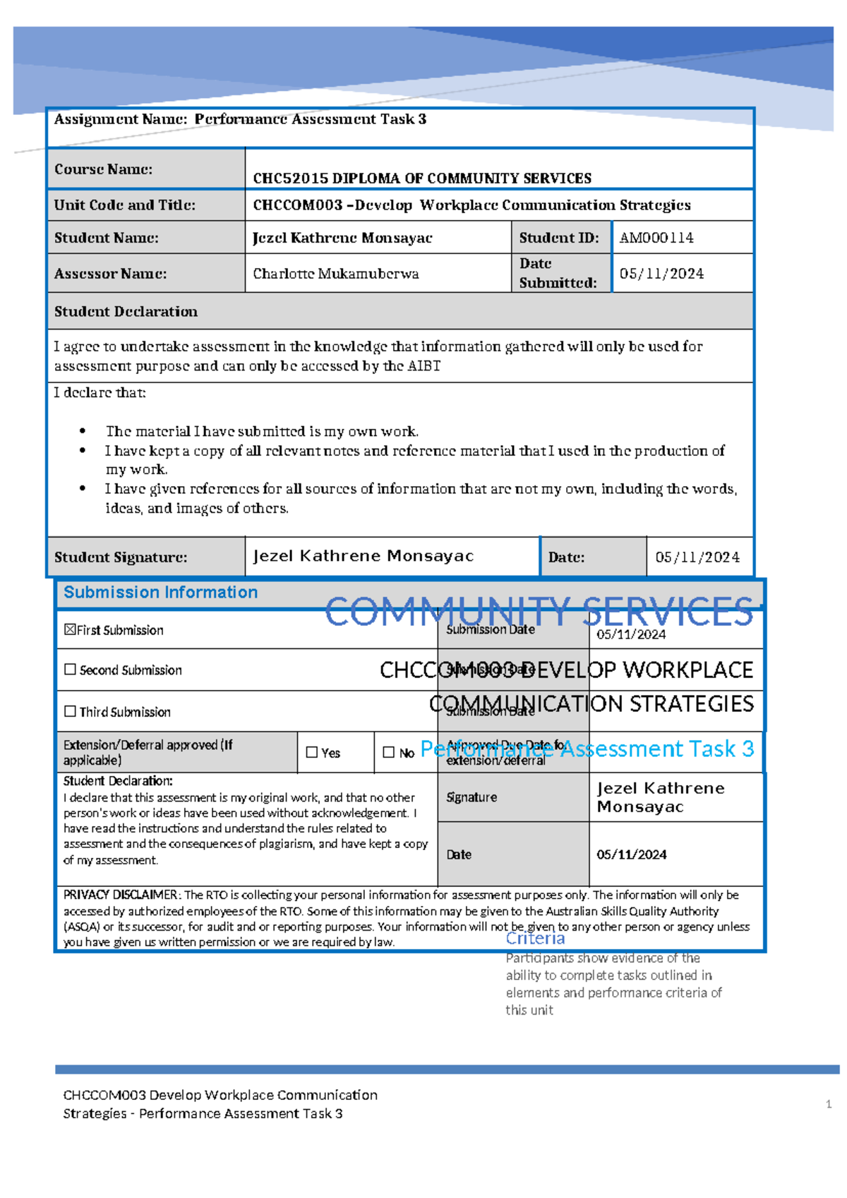 CHC52015 Assessment Performance Task 3 for CHCCOM003 Communication ...