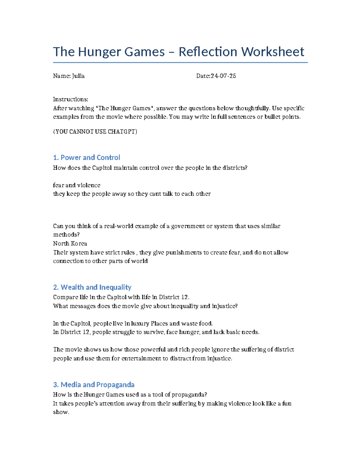 GP HW - The Hunger Games Reflection Worksheet - Studocu