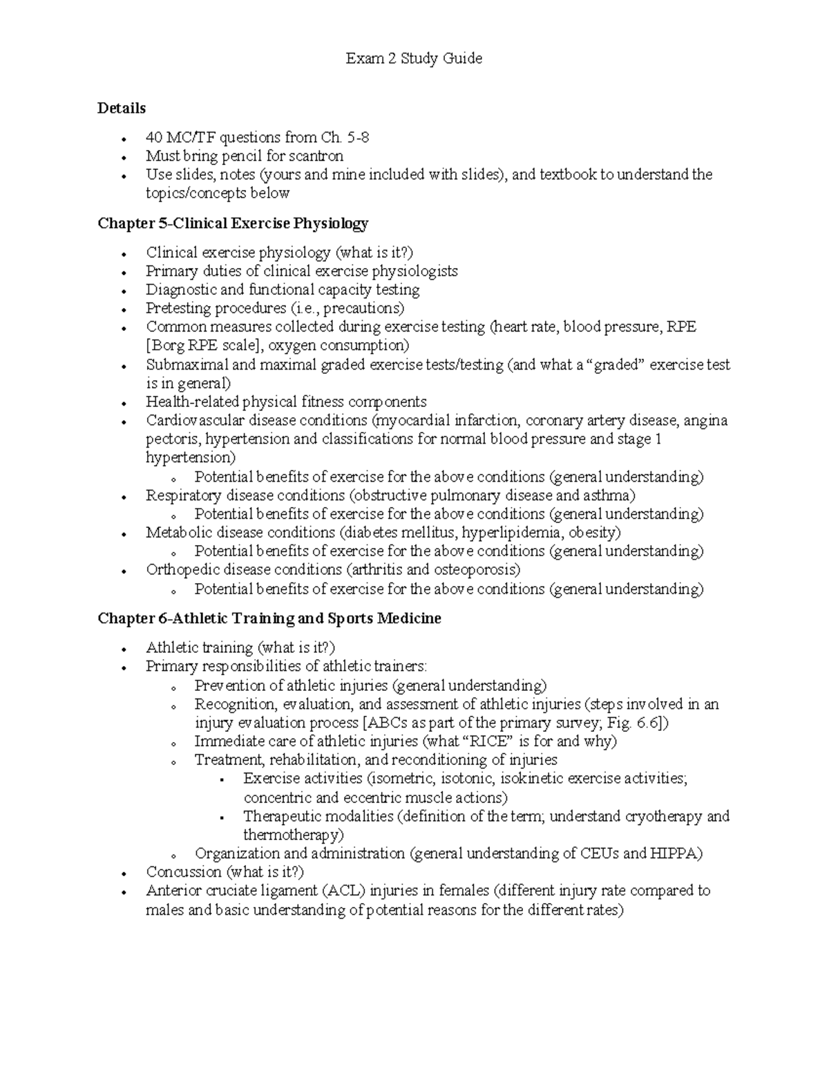 Exam 2 Study Guide for Clinical Exercise Physiology (Ch. 5-8) - Studocu