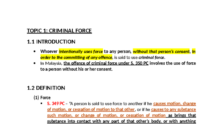 Topic 1: Criminal Force - Understanding Legal Definitions and ...