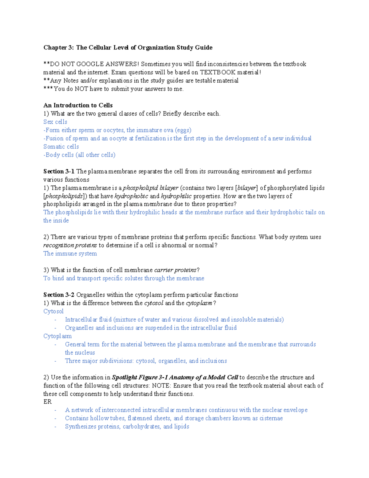 Anatomy I - Chapter 3: Cellular Level of Organization Study Guide - Studocu
