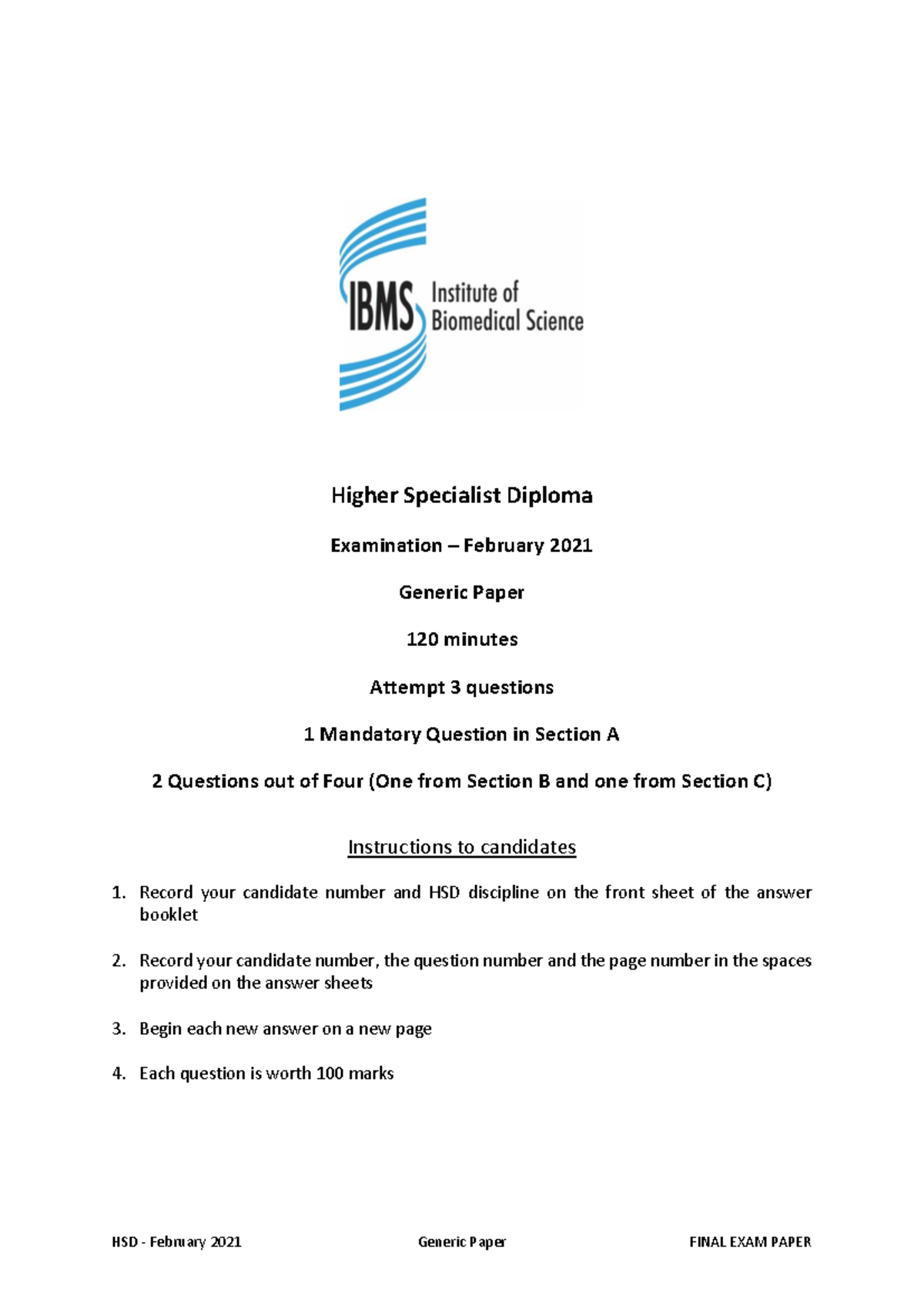 Hsd feb 2021 generic paper final exam paper - HSD - February 2021 ...