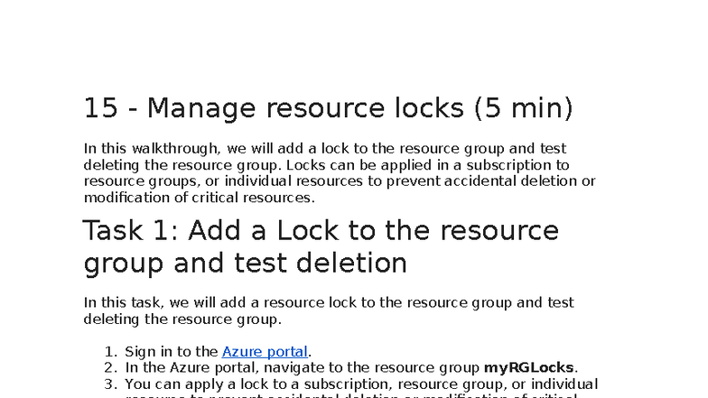 Lab 15: Managing Resource Locks in Azure (5 min Walkthrough) - Studocu