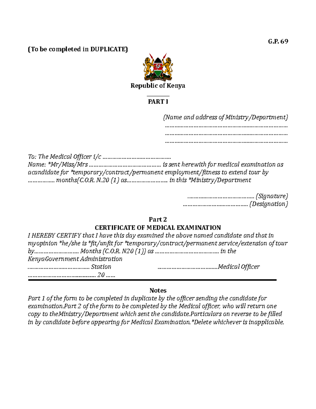 G.P. 69 Medical Examination Form for Employment - GP 69 Form - Studocu