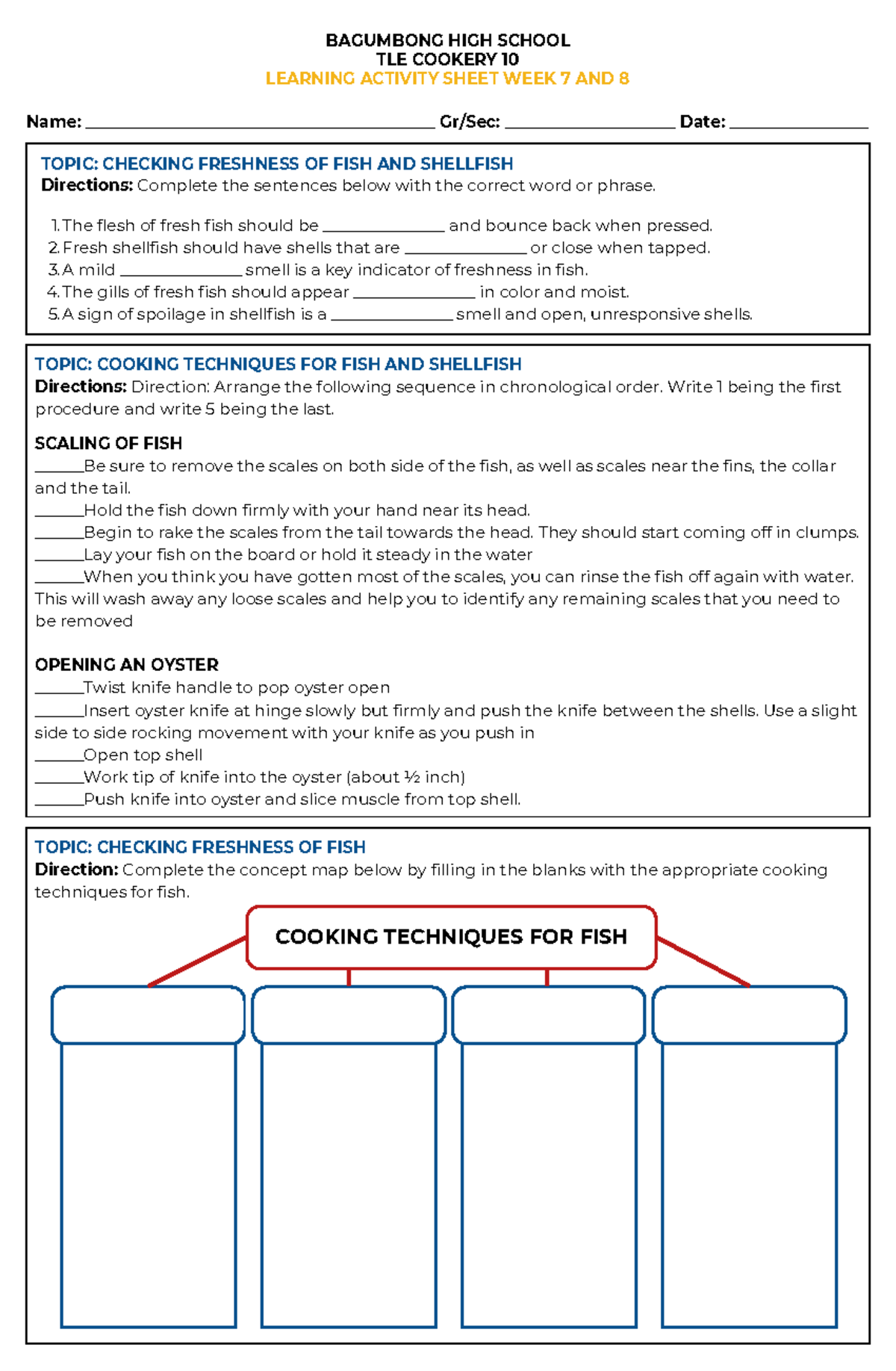 TLE Cookery 10 Worksheet: Seafood Cooking Techniques & Freshness - Studocu