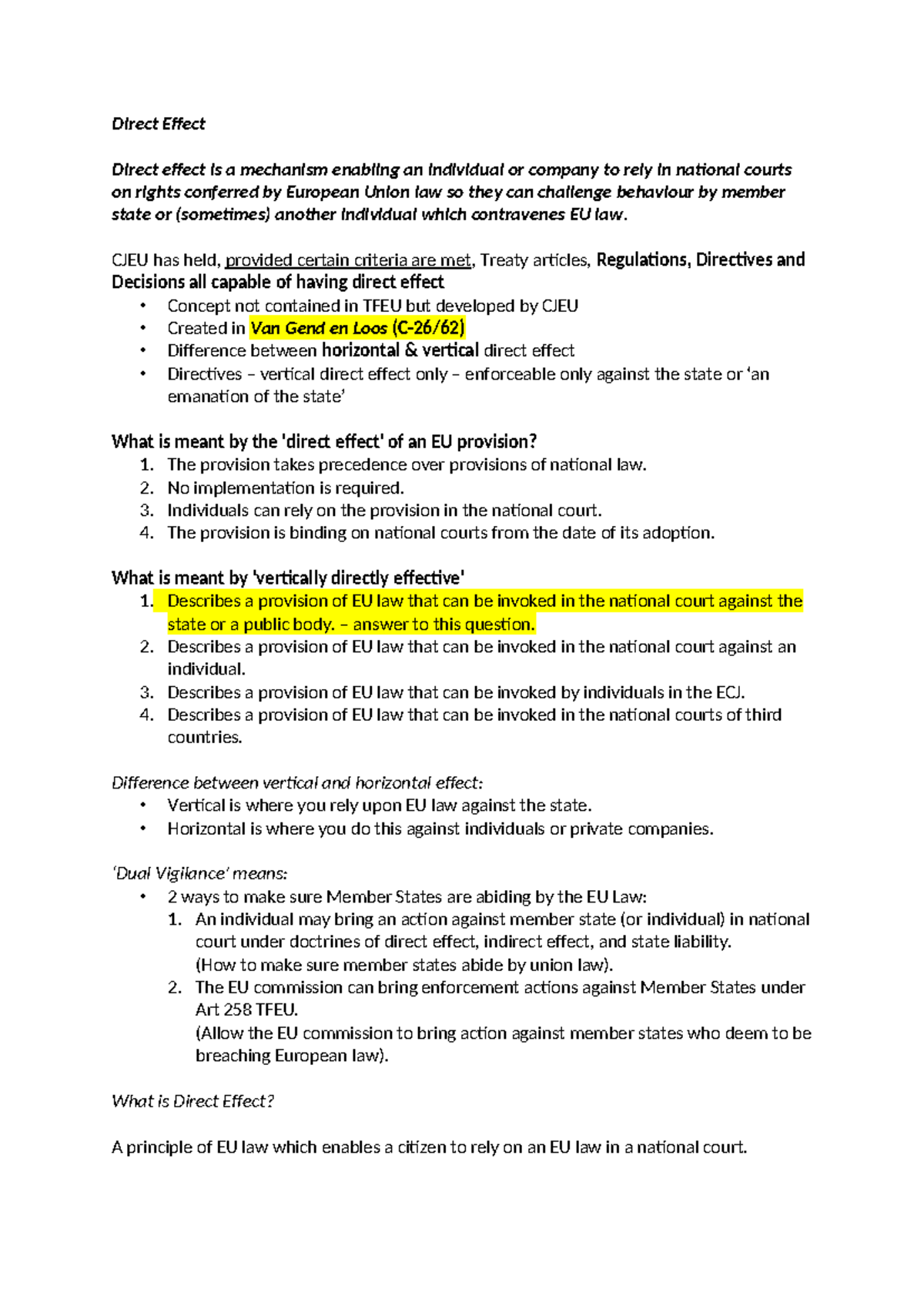 EU Law Direct Effect: Comprehensive Study Notes (Law 101) - Studocu